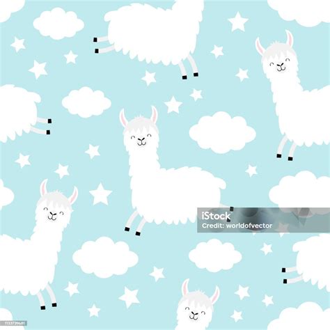 완벽 한 패턴입니다 알파 카 라마 점프 하늘에 구름 별입니다 귀여운 만화 귀 엽 다 재미 웃는 아기 캐릭터 포장지 섬유 템플릿