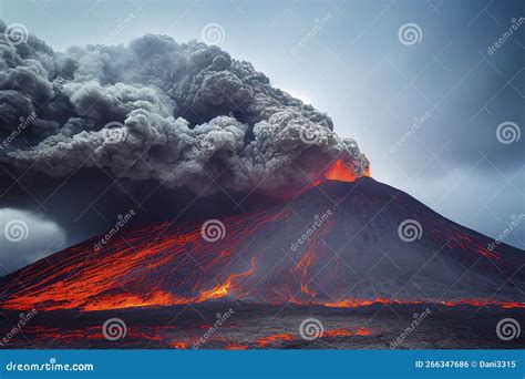 Erupting Volcano With Pyroclastic Flow And Lava Flowing Downhill The