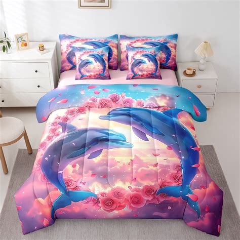 Blue Dolphin Bed In A Bag King Size Comforter Set 7 Pieces Pink Rose