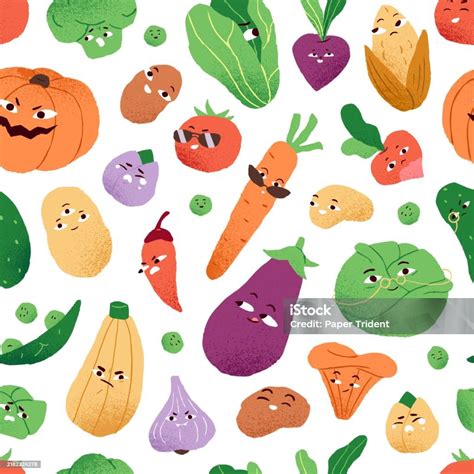 끝없는 배경에 얼굴에 행복 미소 슬픔 화난 감정을 가진 재미있는 야채 캐릭터 다양한 귀여운 농장 음식 만화 채소의 반복 가능한 패턴 편평한 Seamless 벡터