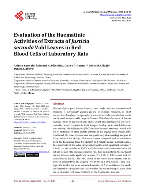 Pdf Evaluation Of The Haematinic Activities Of Extracts Of Justicia