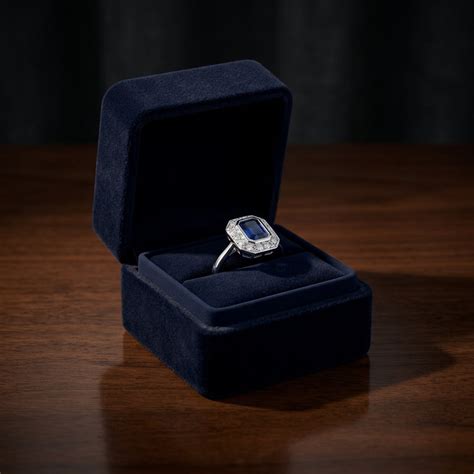 Sapphire And Diamond Bezel Emerald Cut Halo Ring In 14k White Gold