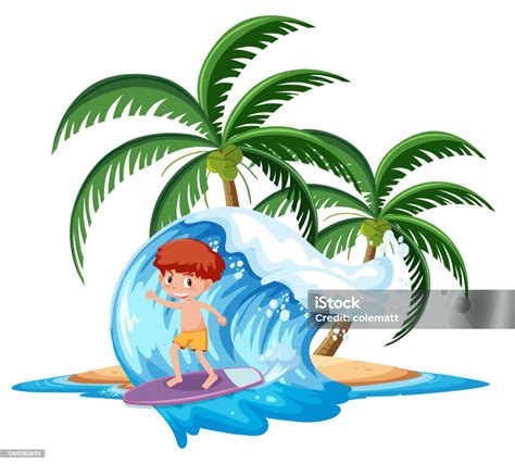 흰색 배경에 웨이브 만화 캐릭터에 열대 섬 서핑 보드에 소년 나무에 대한 스톡 벡터 아트 및 기타 이미지 나무 날씨 땅 Istock