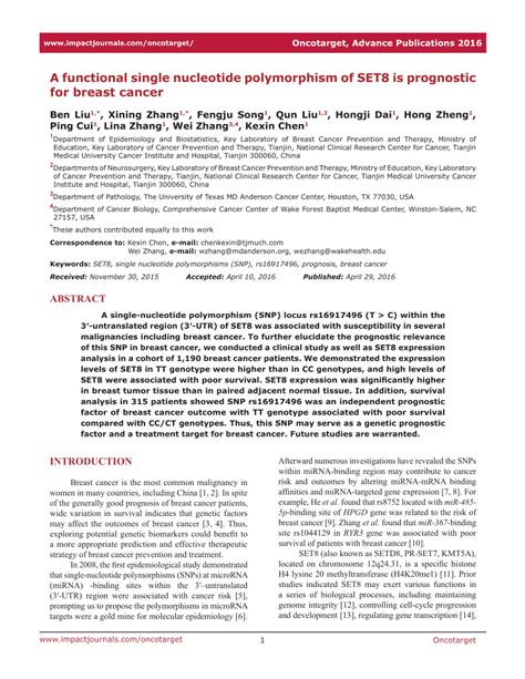 Pdf A Functional Single Nucleotide Polymorphism Of Set8 Is Prognostic For Breast Cancer