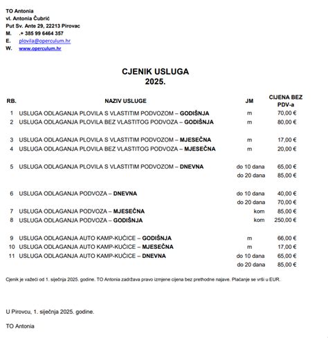 Cjenik Dry Dock Pirovac TO Antonia