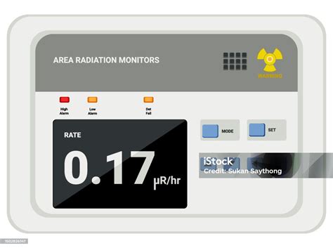 방사성 물질 또는 기타 방사선원이 있는 실험실 근처의 방사선 수준을 모니터링하는 데 사용되는 지역 모니터링 방사선 조사 미터 플랫 디자인 가이거 계수관에 대한 스톡 벡터