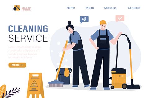 걸레와 진공 청소기가 있는 쾌활한 청소 팀 청소부 그룹 만화 캐릭터 유니폼을 입은 직원 청소 서비스 랜딩 페이지 템플릿 가사 집안일에 대한 스톡 벡터 아트 및 기타 이미지