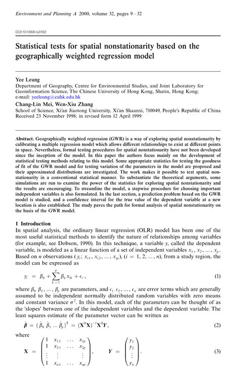 Pdf Statistical Tests For Spatial Nonstationary Based On The Geographically Weighted