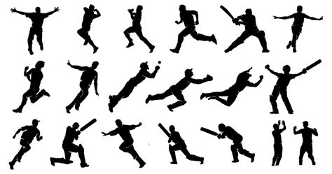 승리 실루엣 후 축 하 볼링 필드 잡기 공을 치는 크리켓 선수의 집합 프리미엄 벡터