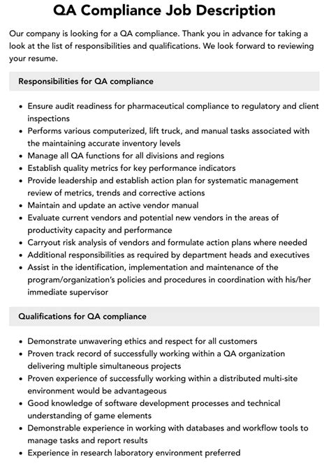 Qa Compliance Job Description Velvet Jobs