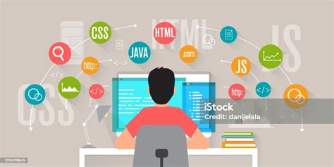 프론트 엔드 개발 웹 응용 프로그램 웹 사이트 개념을 만들기 프로그래머 코딩 및 프로그래밍입니다 평면 벡터 일러스트입니다 컴퓨터 프로그래머에 대한 스톡 벡터 아트 및 기타