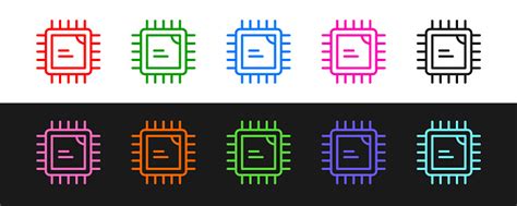 흑백 배경에서 격리된 마이크로회로 Cpu 아이콘으로 라인 컴퓨터 프로세서를 설정합니다 회로 기판칩 또는 Cpu 마이크로 프로세서 벡터 0명에 대한 스톡 벡터 아트 및 기타