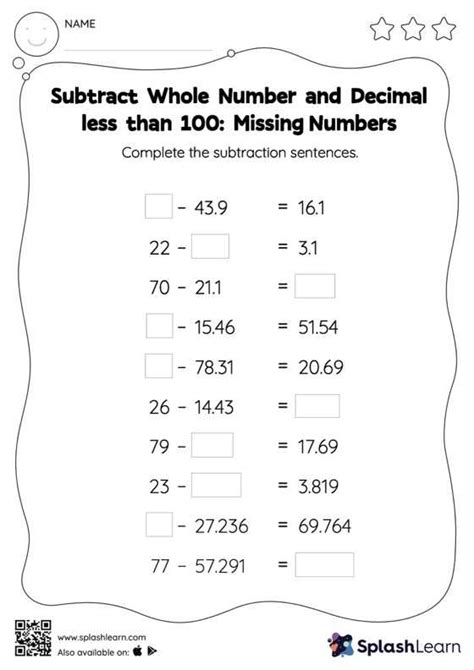 Subtract Whole Number And Decimal Less Than 100 Missing Numbers Math Worksheets Splashlearn