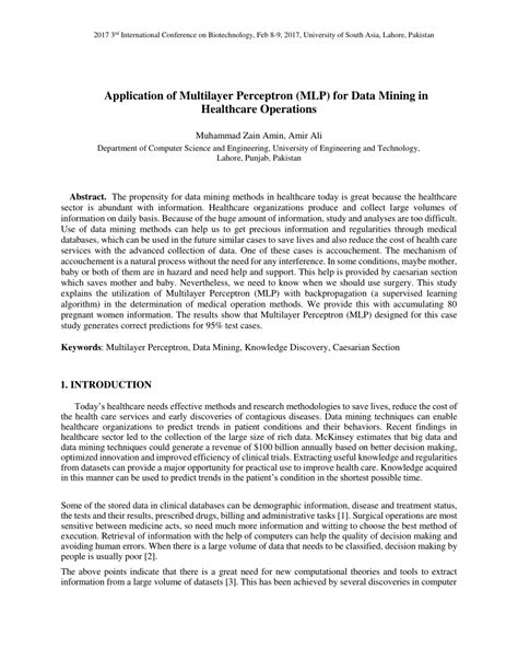 Pdf Application Of Multilayer Perceptron Mlp For Data Mining In Healthcare Operations