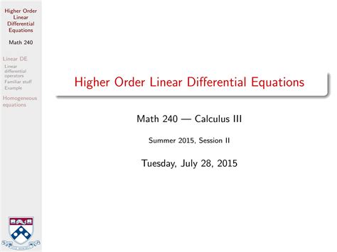 Solution Higher Order Linear Differential Equations Lecture And Sample Problems With Answers