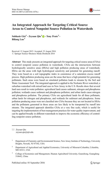 Pdf An Integrated Approach For Targeting Critical Source Areas To Control Nonpoint Source