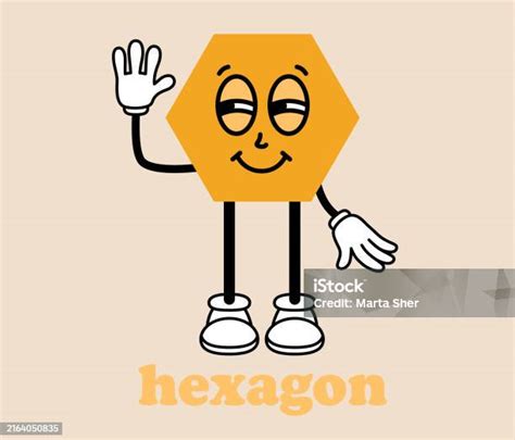 재미있는 만화 육각형 얼굴 감정 손 다리를 가진 기하학적 인물 다른 모양 트렌디한 복고풍 만화 스타일의 만화 요소 벡터 일러스트 레이 션 0명에 대한 스톡 벡터 아트 및