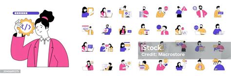 플랫 웹 디자인에서 설정된 캐릭터 상황 메가 프로그래밍 개념 장면 사람들 코딩 및 엔지니어링 프로그램 버그 검색 테스트 및