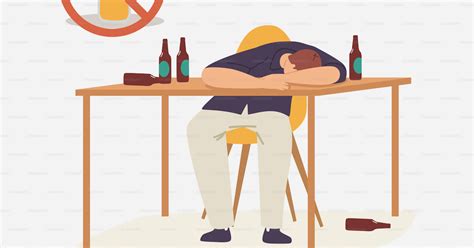 알코올 중독 개념입니다 알코올 중독으로 인한 술취한 남자 숙취 증후군 남성 캐릭터는 빈 병이 있는 테이블에서 자고 있다 유해한 습관 약물 남용 만화 벡터