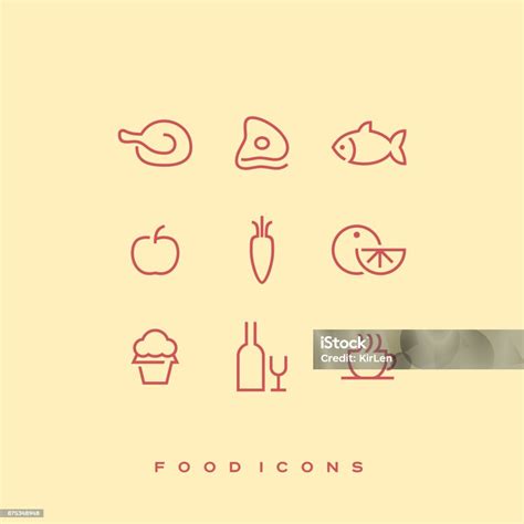 간단한 선 벡터 음식 아이콘 세트입니다 닭 쇠고기 생선 사과 당근 오렌지 먹고 와인 및 와인 유리의 병 커피 또는 차 0명에 대한 스톡 벡터 아트 및 기타 이미지 Istock