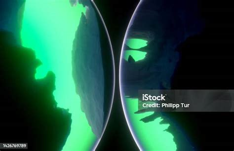 추상 미술의 3d 렌더링 초현실적 인 구체의 두 부분이 있는 3d 배경 공 행성 내부에 거친 바위 돌 산 구조와 형광 네온 방사성 녹색 빛 뒷면 0명에 대한 스톡 사진 및