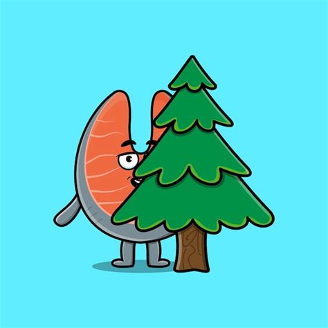 평면 현대적인 디자인에 귀여운 만화 신선한 연어 캐릭터 숨기기 나무 프리미엄 벡터