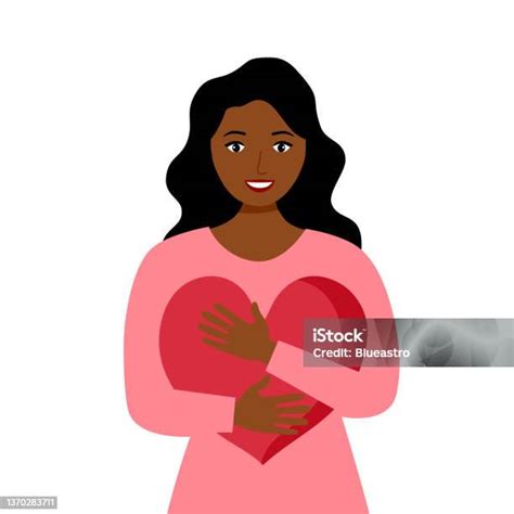 흰색 배경에 평면 디자인에 빨간 마음을 껴안고 아프리카 여성 자기 사랑 감사에 대한 스톡 벡터 아트 및 기타 이미지 감사