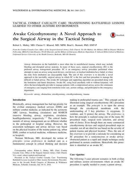 Awake Cricothyrotomy A Novel Approach To The Surg Pdf Emergency
