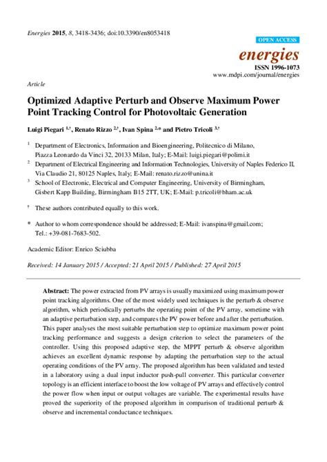 Pdf Optimized Adaptive Perturb And Observe Maximum Power Point