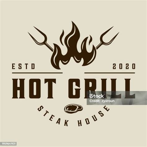 바베큐 로고 빈티지 벡터 일러스트 레이 션 템플릿 아이콘 그래픽 디자인 Bbq 그릴 불꽃 기호 또는 복고풍 타이포그래피 스타일의 음식 레스토랑 스테이크 하우스에 대한 기호