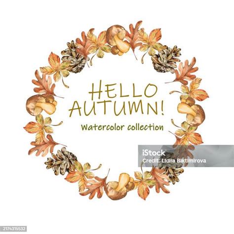 세트 구성 화환 안녕하세요 가을입니다 꽃 버섯 열매 나뭇 가지 잎 수채화 그림입니다 카드 스티커 초대장 로고를 위한 디자인 요소 10월에 대한 스톡 벡터 아트 및 기타