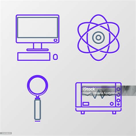 Set Line Computer Monitor With Cardiogram Magnifying Glass Atom And Keyboard And Mouse Icon