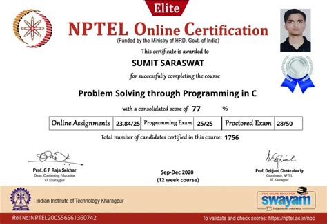 Finally I Have Got Nptel Certificate On Completing 12 Week Course Of