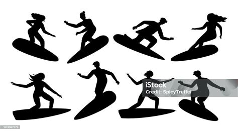 서퍼 실루엣 파도와 서핑 보드가있는 서핑 사람 아트 보드 남자와 여자 실루엣 극단적 인 흑백 로고 수상 스포츠 여름 활동 벡터 스포츠맨 포즈 세트 서핑 수상 스포츠에 대한