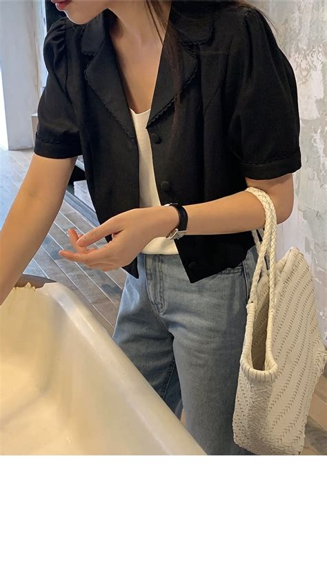 Made 블리안 카라넥 크롭 숄더퍼프 레이스 반팔 트위드자켓 44~100 ♥핫핑♥ Made 블리안 카라넥 크롭 숄더퍼프 레이스 반팔 트위드자켓 44~100 ♥핫핑♥