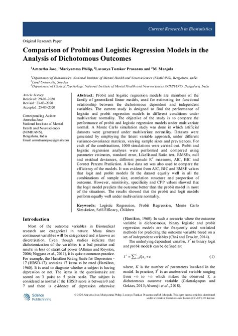 Pdf Comparison Of Probit And Logistic Regression Models In The