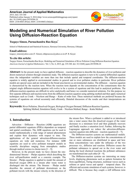 Pdf Modeling And Numerical Simulation Of River Pollution Using Diffusion Reaction Equation