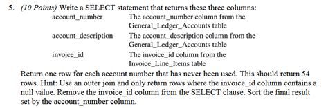 Solved 5 10 Points Write A Select Statement That Returns