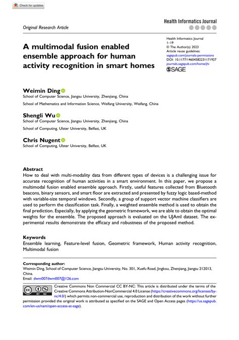 Pdf A Multimodal Fusion Enabled Ensemble Approach For Human Activity Recognition In Smart Homes