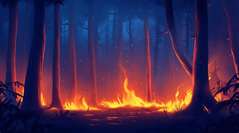Forest Fire Burning With Towering Trees Silhouetted Against A Smoky