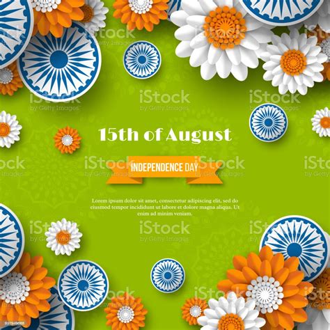 인도 독립 날 휴가 디자인 인도 깃발의 전통적인 삼 색 꽃 3d 바퀴 종이 컷 스타일 녹색 배경입니다 벡터 일러스트입니다 0명에 대한 스톡 벡터 아트 및 기타 이미지