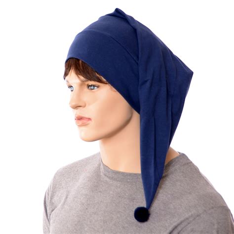 Night Cap Navy Blue Pointed Nightcap With Pompom Cotton Adult Men Women