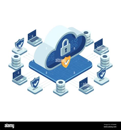 Isometric Cloud Security Concept With Data Protection Elements Cloud Security Concept Stock