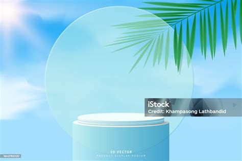 3d 푸른 하늘 구름과 태양 배경 파란색 3d 투명 유리 실린더 연단 받침대 또는 원형 유리 배경과 야자 코코넛 잎이 있는 제품 디스플레이 프레젠테이션 3d 기하학적 형태