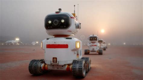 Robot Explorers Engage In Mission To Investigate Distant Planet During Twilight Generative Ai