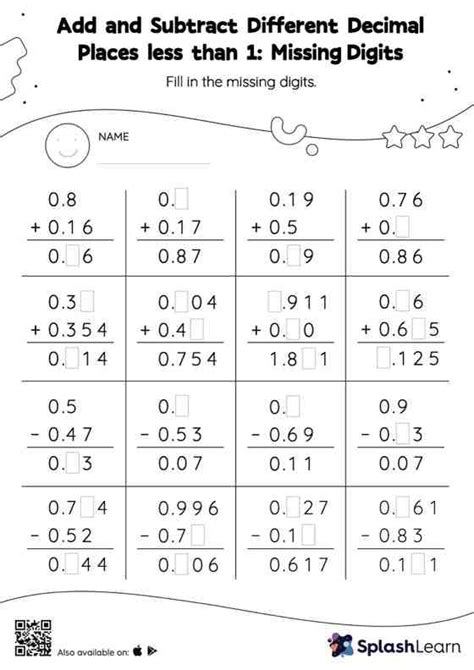 Add And Subtract Different Decimal Places Less Than 1 Missing Digits
