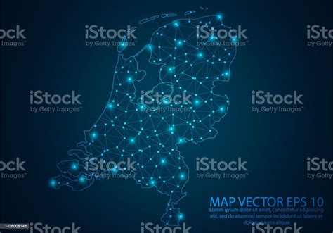 네덜란드지도와 어두운 배경에 추상적 인 매쉬 선과 포인트 스케일3d 메쉬 다각형 네트워크 라인 디자인 구체 점 및 구조 벡터