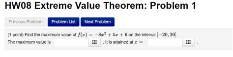 Solved Hw08 Extreme Value Theorem Problem 1 1 Point Find