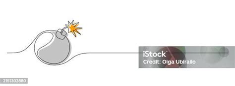 하나의 연속 선 그리기에 불타는 퓨즈가 있는 폭탄 단순한 선형 스타일의 화재 심지가 있는 응력 폭발 및 붐 개념 편집 가능한 획의 구분선입니다 낙서 윤곽선 색깔 벡터 삽화
