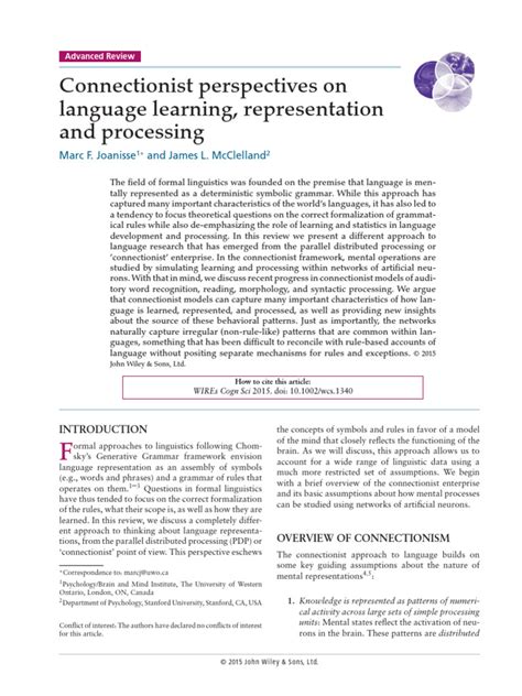 Connectionism In Language Learning Joanisse And Mcclelland Pdf